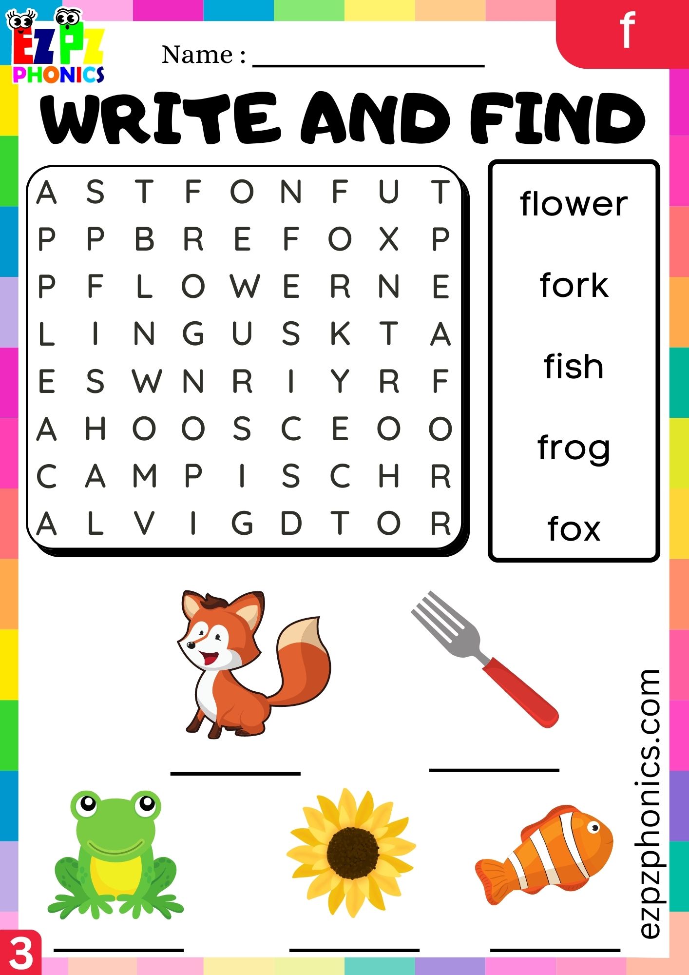 Letter f Word Search Phonics Activity Group 3 - ezpzphonics.com